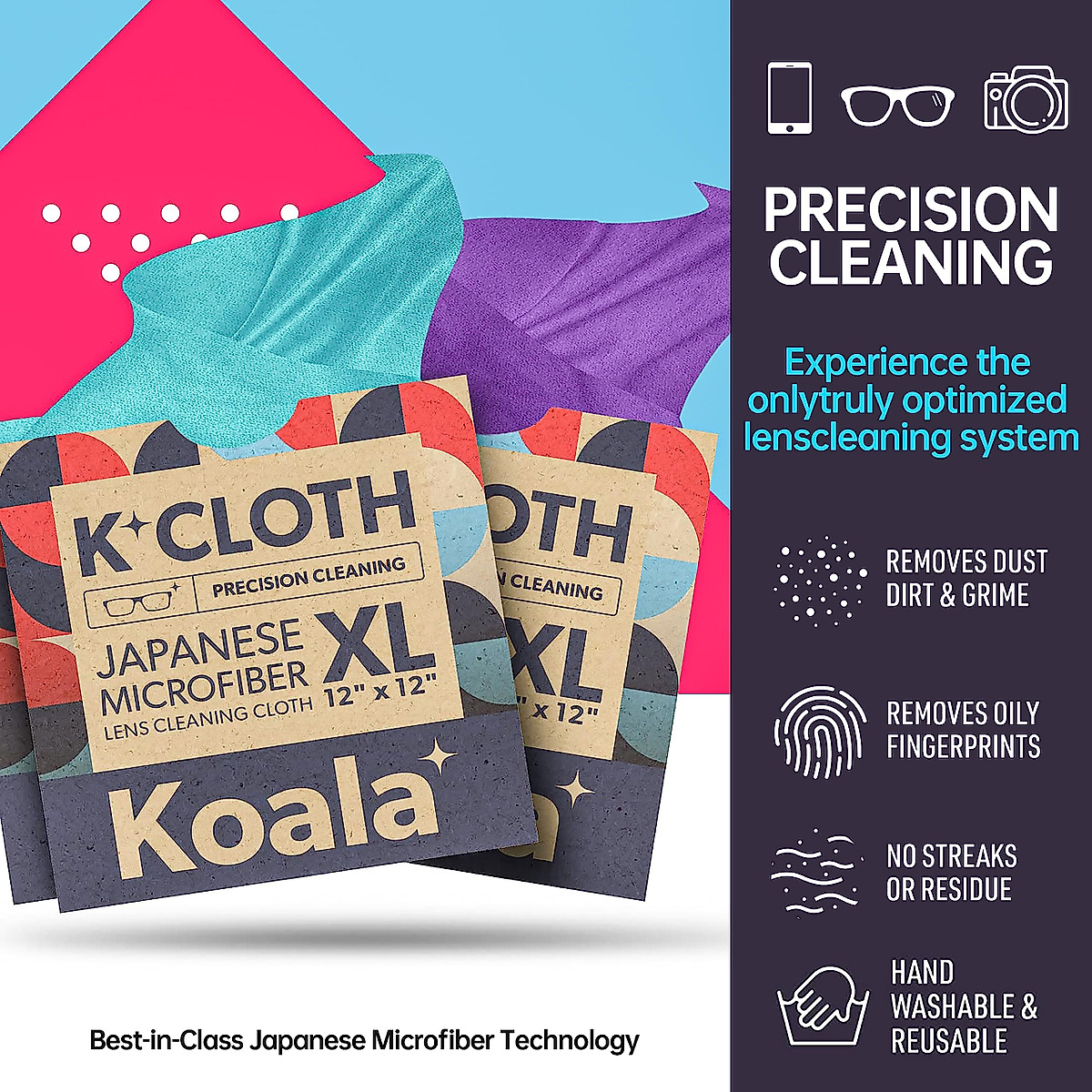 Koala Lens Cleaning Cloth | Japanese Microfiber | Glasses Cleaning Cloths | Eyeglass Lens Cleaner | Eyeglasses, Camera Lens, VR/AR Headset, and Screen Cleaning | Blue & Purple (Pack of 3)
