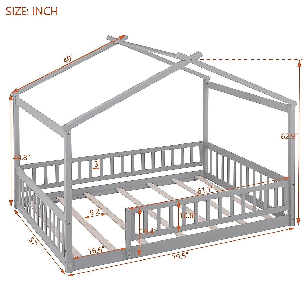Polibi Full Size Wood Floor Bed Frame,Full House-Shaped Bed Daybed with Fence, for Kids Teens Girls Boys,Gray