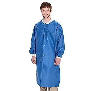 EZGOODZ Disposable Lab Coats for Adults Medium, Blue SMS Waterproof Disposable Clothing 10 Pack, Breathable and Light Lab Coats Disposable 40 GSM with Knit Wrists, Collar, Front Snaps, 3 Pockets