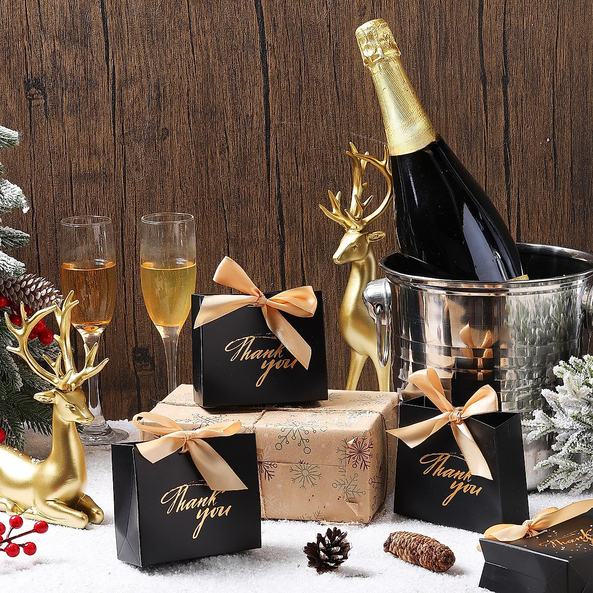 Wesiti 80 Pack Mini Thank You Gift Bags Goodie Favor Bags with Bow 4.53 x 1.77 x 3.94 Inch Paper Bags for Gift Wrap (Black Foil)