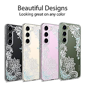 Coolwee Clear Glitter for Samsung Galaxy S23 Plus Case Thin Flower Slim Cute Crystal Lace Bling Sparkle Floral Hard Plastic Cover Back Soft TPU Bumper Protective Mandala Henna Anti Yellowing