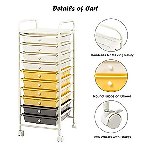 KOTEK 10-Drawer Rolling Storage Cart, Multipurpose Utility Cart Mobile Craft Cart w/Drawers & Wheels, Home Office School Tools Scrapbook Paper Organizer (Yellow)