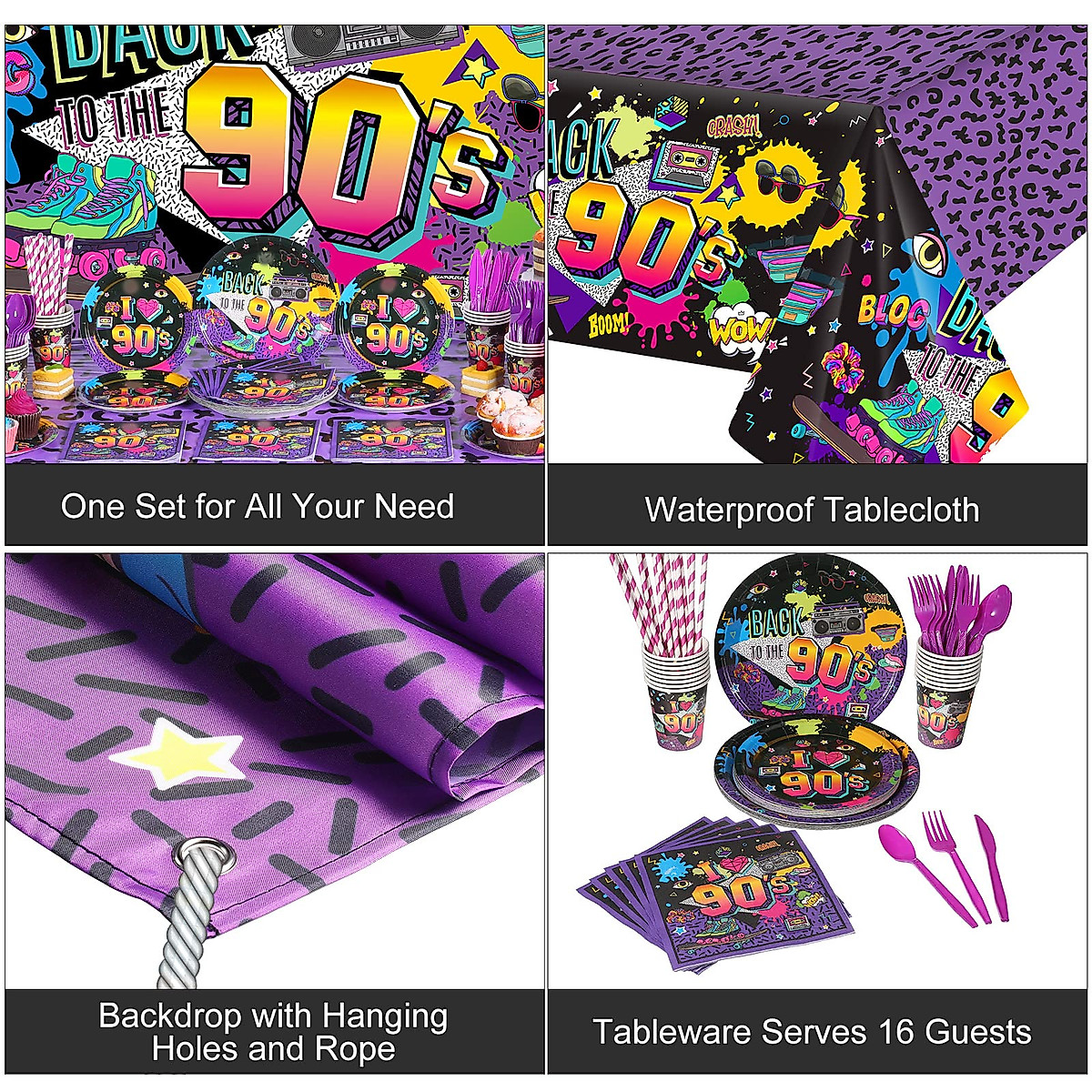 90s Party Decorations 90s Theme Backdrop Latex Balloons Back to The 90's Tablecloth Party Tableware Set 90's Paper Plates Napkins Knife Forks Flatware for Birthday Hip Hop Graffiti Supplies