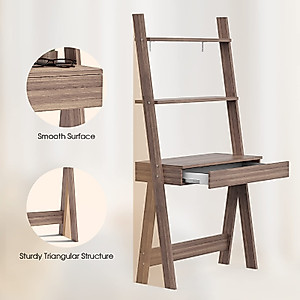 Giantex 3 Tier Ladder Desk with Drawer, 33" Width Walnut Ladder Shelf with Anti-Tipping Device, Freestanding Bookshelf, Leaning Computer Desk with Shelves for Small Space