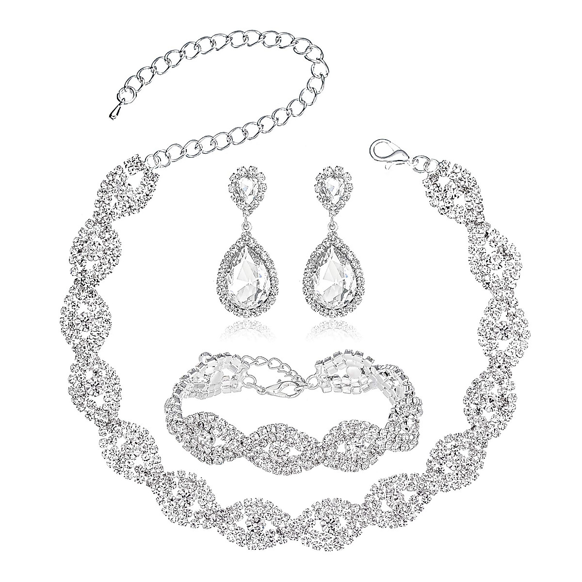 3 Pack Bridal Rhinestone Crystal Statement Choker Necklace Link Bracelet and Teardrop Dangle Earrings Jewelry Set