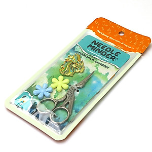 Awesome Pattern Studio Needle Minder Set - Mandala Dragon Magnetic Needle Minder + 2 Needle Threaders + Crane Scissors. Enamel Pin for Cross Stitch, Embroidery and Craft