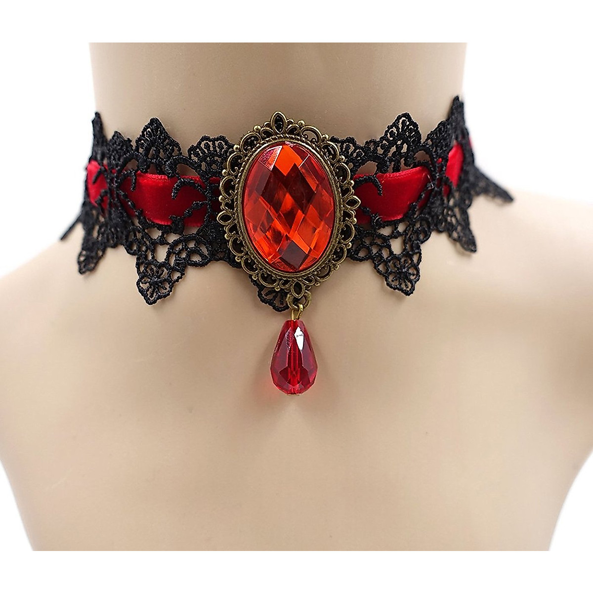 Youniker Retro Handmade Choker Necklace for Women Gothic Black Lace Necklace for Halloween Punk Costume Party Royal Court Vampire Choker Pendant Chain (Red)