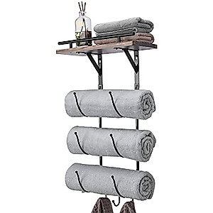 Towel Rack Holder for Bathroom Wall Mounted,Metal Towel Racks with Wooden Shelf and 3 Hooks,Storage Organizer for Bath Towel,Beach Towel,Hand Towel,Washcloth,Small Towel