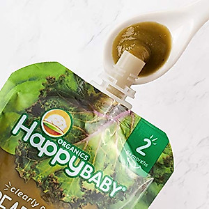Happy Baby Organics Stage 2 Baby Food Pouches, Gluten Free, Vegan & Healthy Snack, Clearly Crafted Fruit & Veggie Puree, Pears Kale & Spinach, 4 Ounces (Pack of 8)