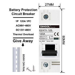 DIHOOL Miniature Circuit Breaker 120 Amp dc solar disconnect switch 12-240V for PV Solar, UPS, RV Battery, DIN Rail Mount, Overload Protection, AC DC universal