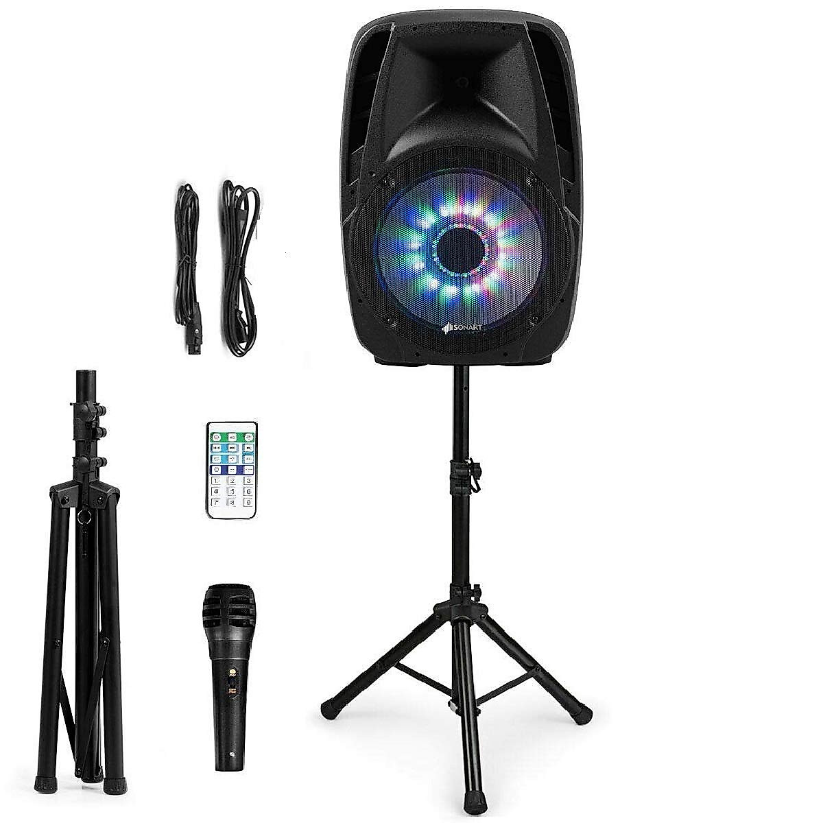 Sonart 15" 1500W Powered Speakers, 2-Way Full Range Portable PA Speaker System Combo Set With Stands/Illuminating Light/Microphone/EQ/USB/Bluetooth