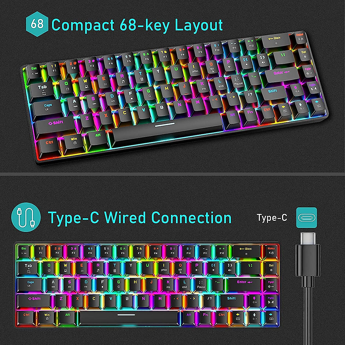 SELORSS T8 Pro 60% Wired Mechanical Gaming Keyboard,18 Chroma RGB Backlight,Compact 68 Full Anti-ghosting Keys,Replaceable USB C Cable&DIY keycaps,Tactile Switch for Gamer/Typist/PC/Win/Mac(Blue)