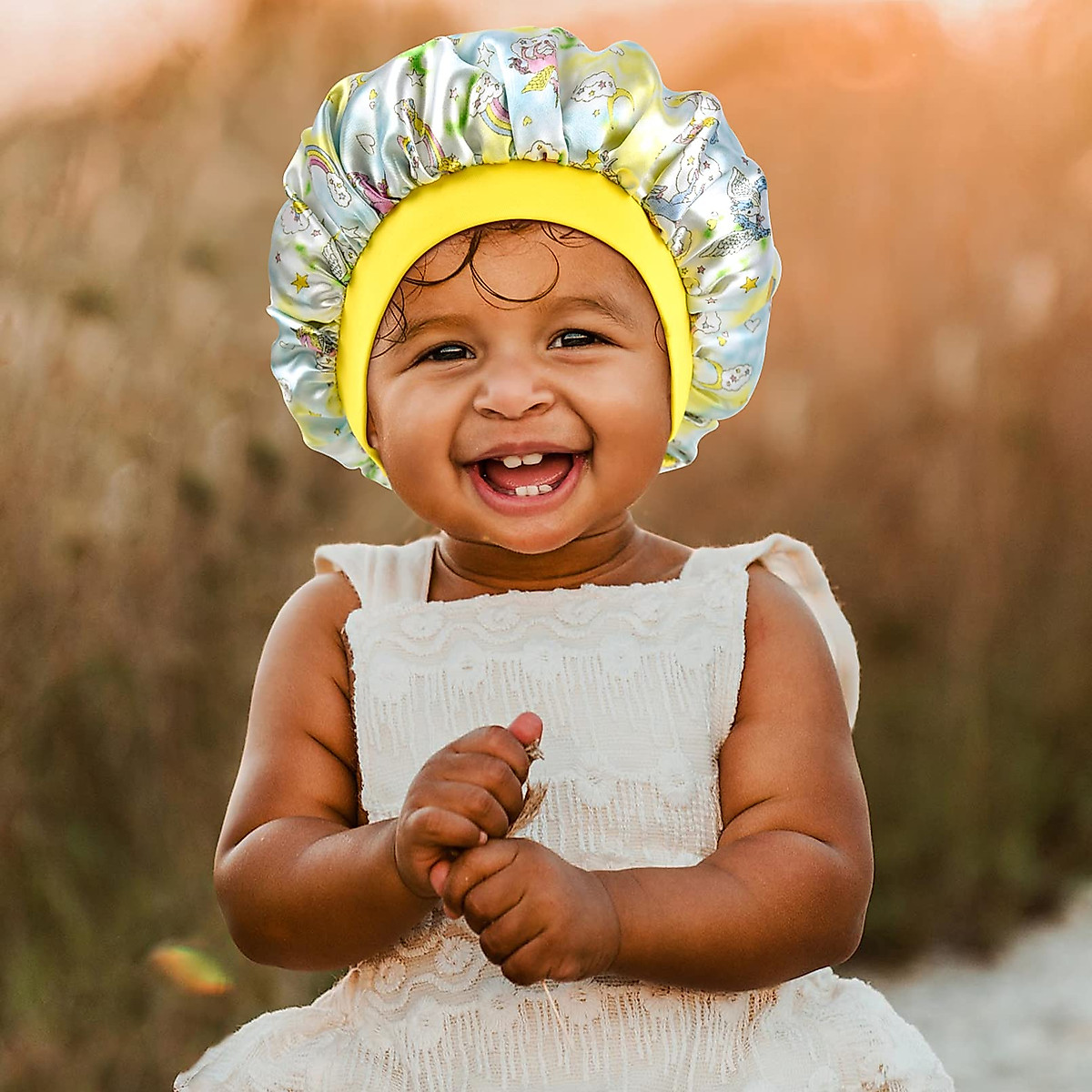 3 Pieces Kids Unicorn Satin Bonnet Wide Elastic Band Sleeping Cap Soft Silk Double Layer Night Hair Hats for Teens Toddler Child Baby