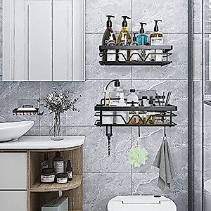 DBDEIW Shower Caddy,2 Pack Shower Organizer Shelves,No Drilling Rustproof Stainless Steel Shower Shelf for Inside Shower,Adhesive Shower Basket Rack with Soap Holders and 4 Hooks for Bathroom,Black