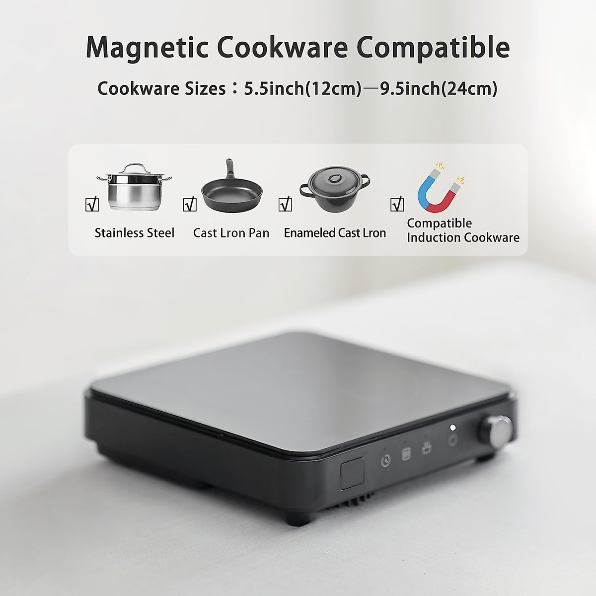 Olayks Portable Induction Cooktop with Removable Iron Cast Griddle Pan & Pot Non-stick, 1500W induction hot plate with Digital Temperature Control & Time, Great for Family Party