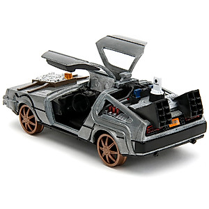 Delorean DMC (Time Machine) Brushed Metal Train Wheel Version Back to The Future Part III (1990) Movie Hollywood Rides Series 1/32 Diecast Model Car by Jada 34786