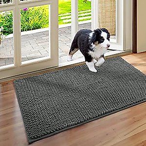 HOMEIDEAS Absorbent Chenille Door Mat Indoor, Low-Profile Rubber Backing Rug for Entryway, Muddy Dog Paws Washable Welcome Front Doormats (24"x36", Grey)