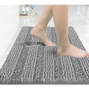 Yimobra Bathroom Rug Mat, Extra Thick and Super Absorbent Bath Rugs, Non Slip Quick Dry Bath Mats, Luxury Microfiber Chenille Plush Fluffy Washable Soft Shower Carpet for Floor, 24" x 17", Light Grey