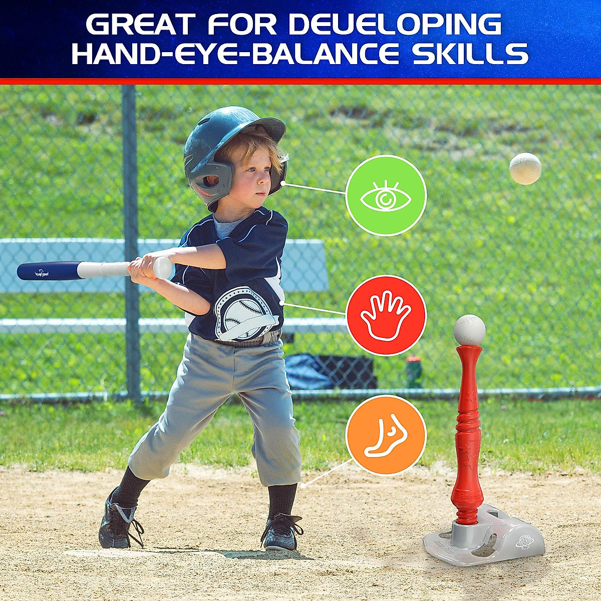 EagleStone T Ball Sets for Kids 3-5, 5-8, Tee Ball Set for Toddlers, Baseball Outdoor Toy Includes 6 Large Balls, Adjustable Teeball Batting Tee, Tball Games for Boys & Girls, Kids Ages 3-12 Years