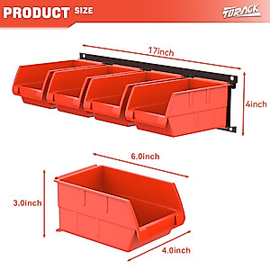 TORACK Wall-Mounted Storage Bins - 8 Plastic Bins & 2 Metal Tracks for Tools Organization in Garage, Craft Room, and Shop(Orange)