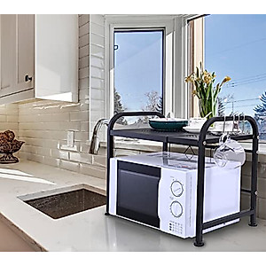 Expandable Microwave Shelf Rack Unit Kitchen Storage Stand Countertop Organizer w/ 4 Hooks 2-Tier Steel (L16.1"~26"x Depth13.58"x Height Clearance 14") for Toaster, Max Load 83lbs, Matte Black