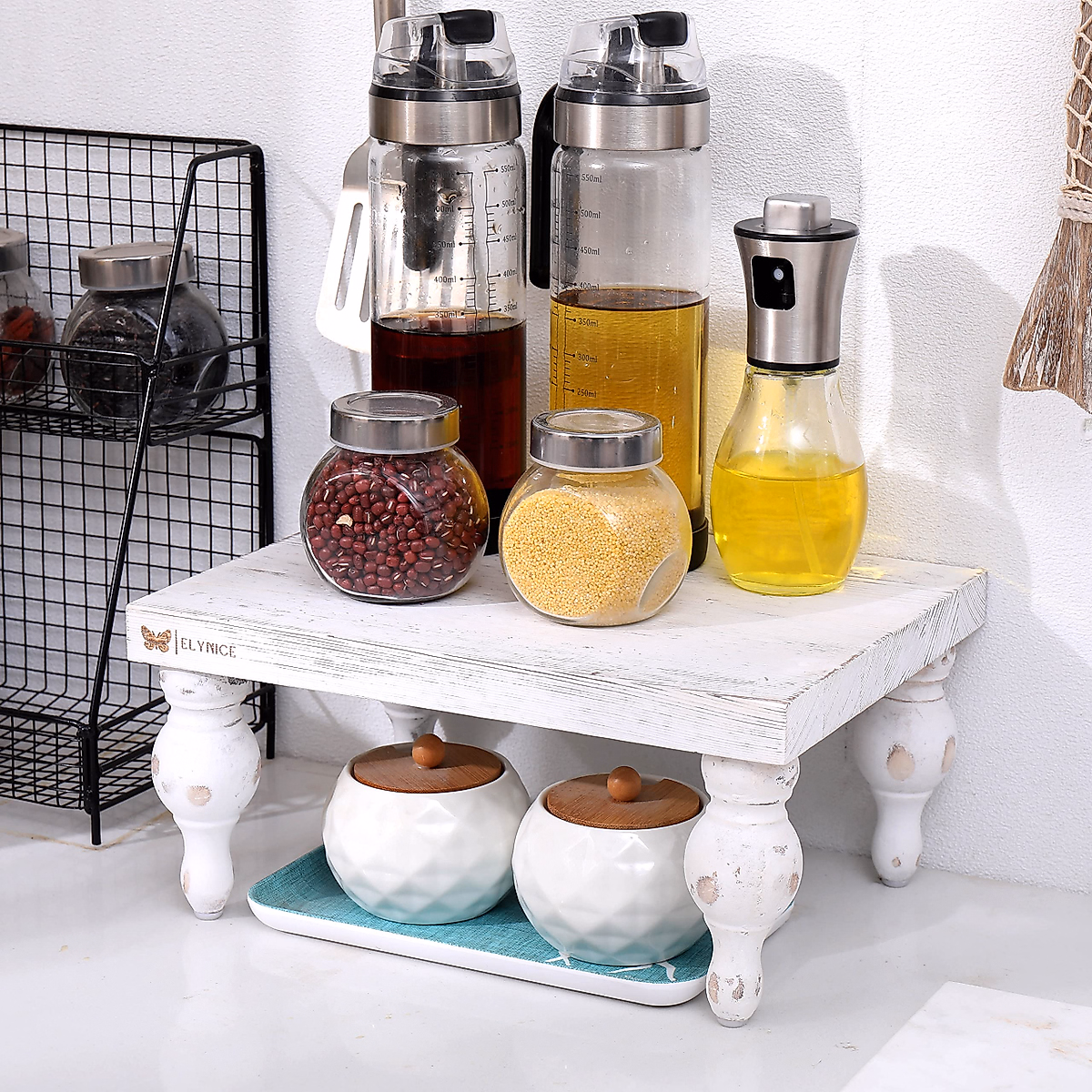 Elynice Wood Tray - 12 x 9 x 5.5in Farmhouse Decor Display Stand, Kitchen Counter Tray, Rustic Coffee Bar Decor (Linen White, 220lb Capacity, 2.61lbs)