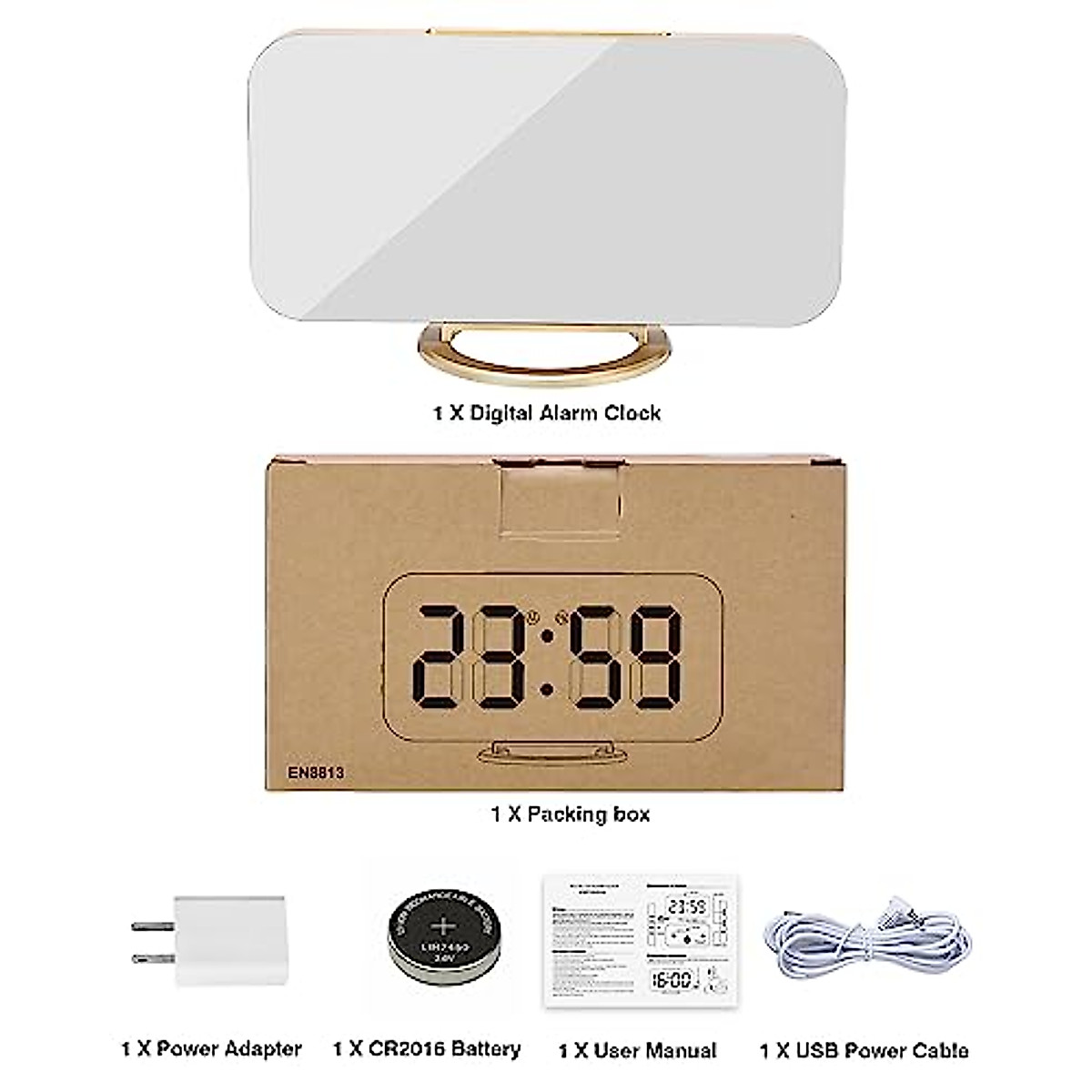 Digital Alarm Clock,7 in LED Mirrored Clocks Large Display,with 2 USB Charger Ports,Auto Dim,Night Mode,Modern Desktop Electronic Clocks for Bedroom Home Office Decor - Gold
