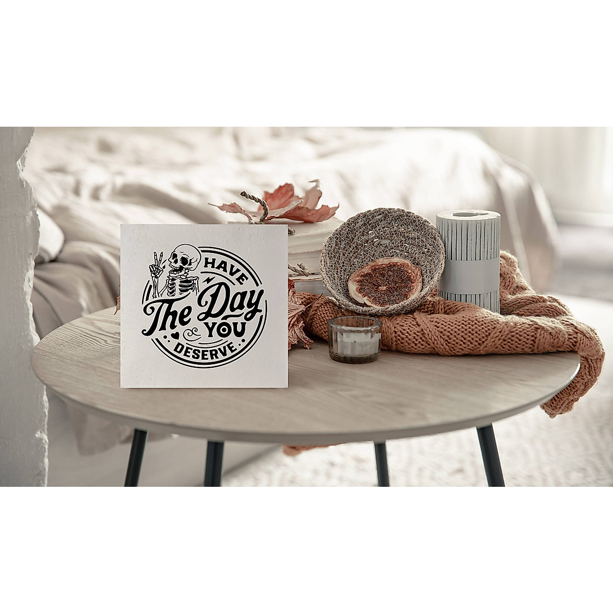 KEUSPI Have the Day You Deserve Skeleton Decor, Goth Decor, Inspirational Saying Wood Block Plaque Box Sign, Skull Motivational Quotes Desk Decor for Home Office Wall Tabletop Shelf 5x5