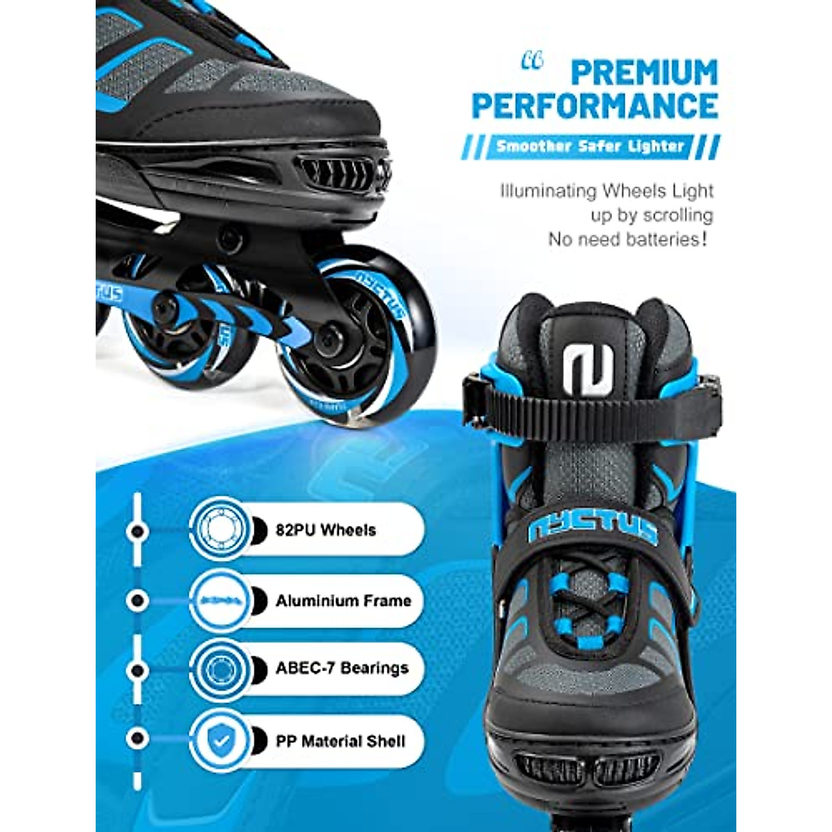 Nyctus Inline Skates for Girls Boys Kids, Adjustable Roller Blades for Children Teens Women Men with Light Up Wheels for Indoor Outdoor