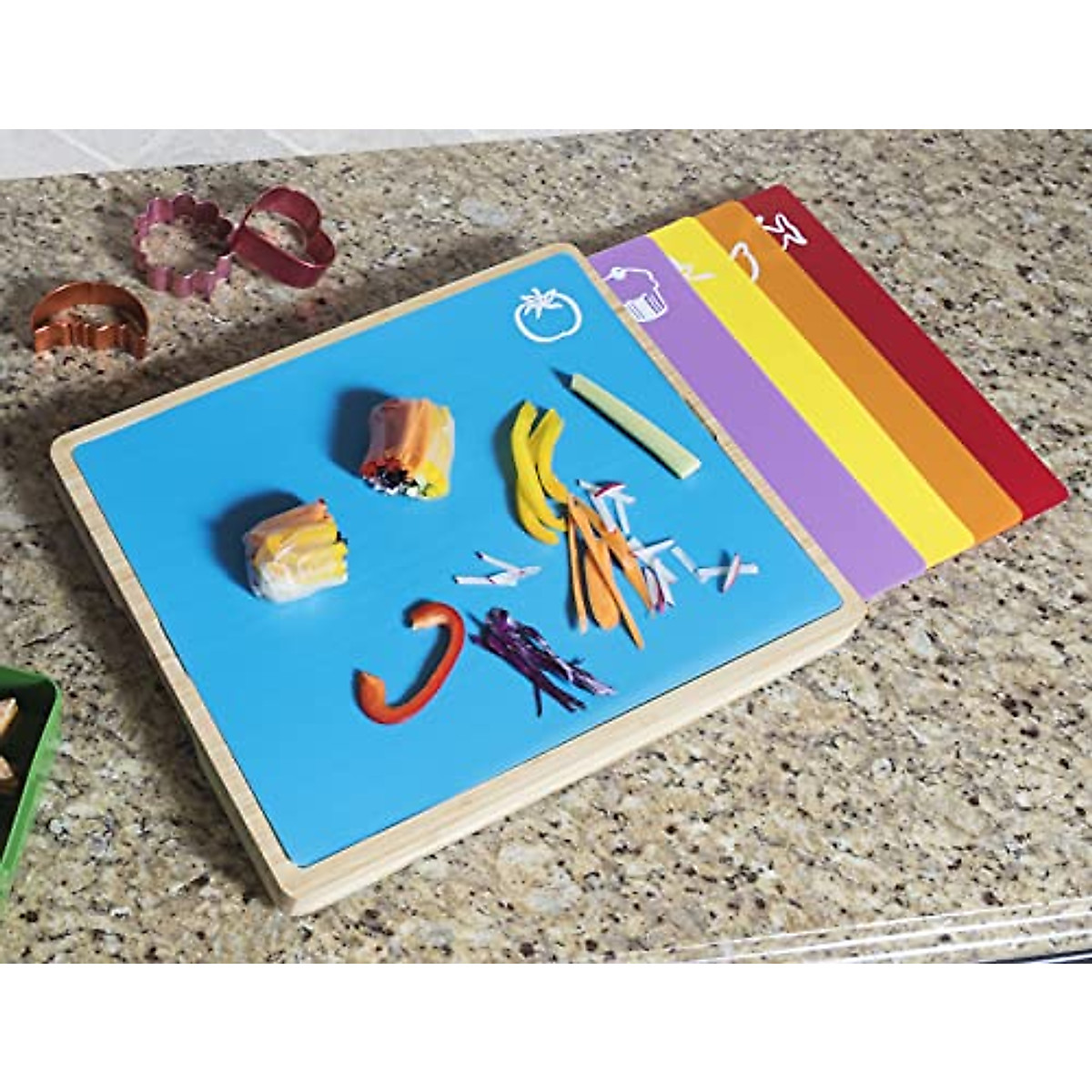 Lipper International 8889 Bamboo Wood Cutting Board with 6 Removable Color-Coded Cutting Mats, 16" x 13" x 1"