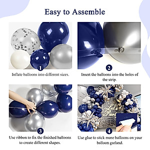 130pcs Navy Blue and Silver Balloon Garland Arch Kit with 3pcs Silver Star Balloons, Royal Blue Metallic Silver White Balloons for Birthday Baby Shower Wedding Graduation Party Decorations