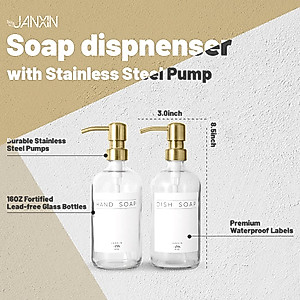 Janxin Glass Soap Dispenser 2 Pack,Dish Soap Dispenser for Kitchen Sink with Pump,Modern Bathroom Soap Dispenser with Waterproof Labels for Hand Soap, Dish Soap, Lotion (Clear Bottles+Gold Pumps)