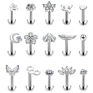 NICEIGHT 15PCS 16G 316L Stainless Steel Cartilage Earring Stud Internal Thread CZ Flower Moon Labret Studs Tragus Helix Monroe Piercing Jewelry Silver