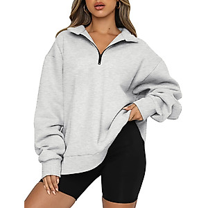 EFAN Womens Oversized Hoodies Quarter Zip Pullover Half Zip Sweatshirts Long Sleeve Sweaters Trendy Outfits Teen Girls Fall Y2K Tops Clothes Grey