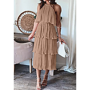 ZESICA Women's 2023 Summer Sleeveless Halter Neck Ruffle Tiered Layed Chiffon Flowy Swing Long Midi Dress,Khaki,Large