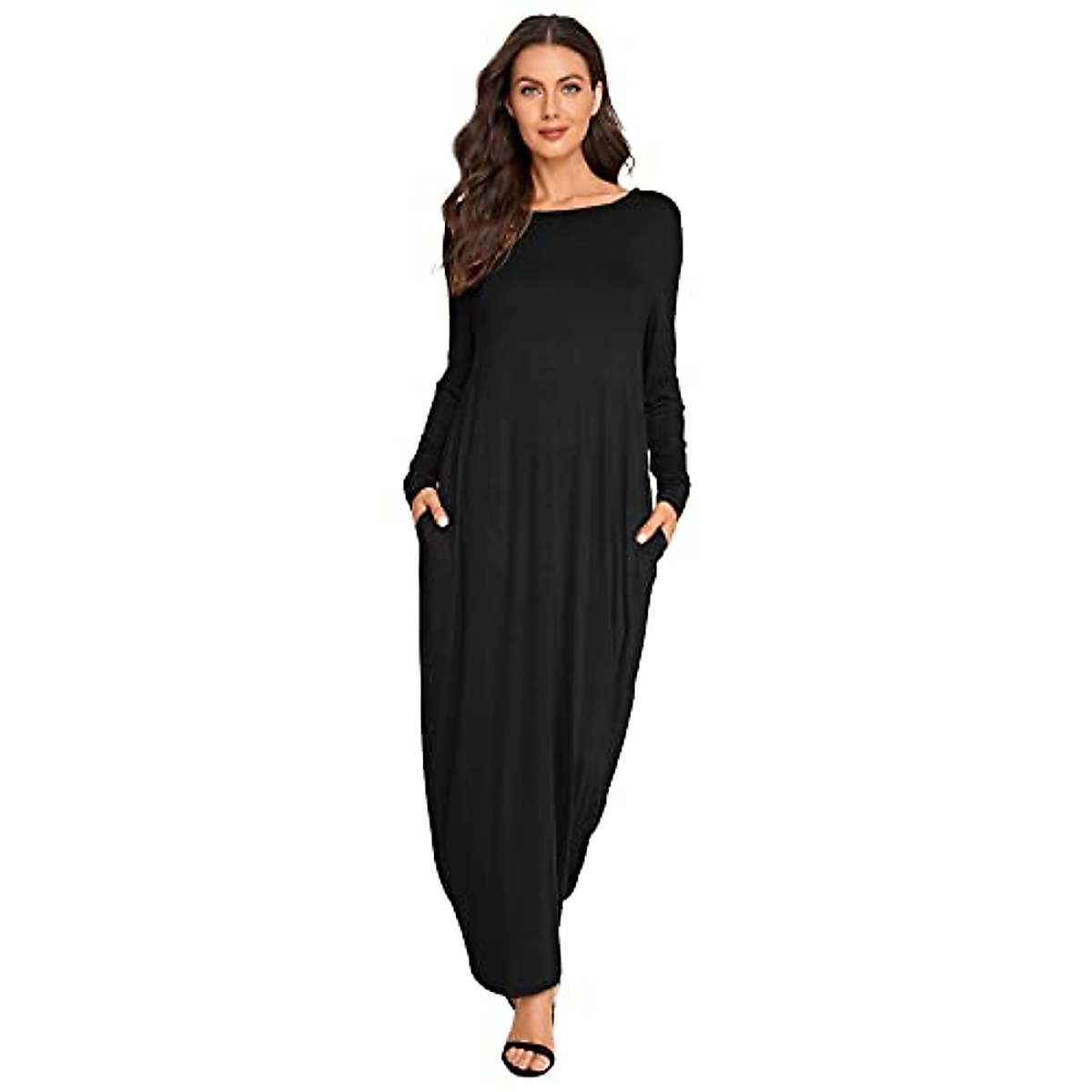 Verdusa Women's Long Sleeve Pocketed Loose Long Maxi Dress Black XL
