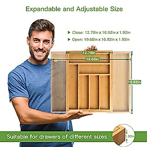 Pipishell Bamboo Expandable Drawer Organizer for Utensils Holder, Adjustable Cutlery Tray, Wood Drawer Dividers Organizer for Silverware, Flatware, Knives in Kitchen, Bedroom, Living Room