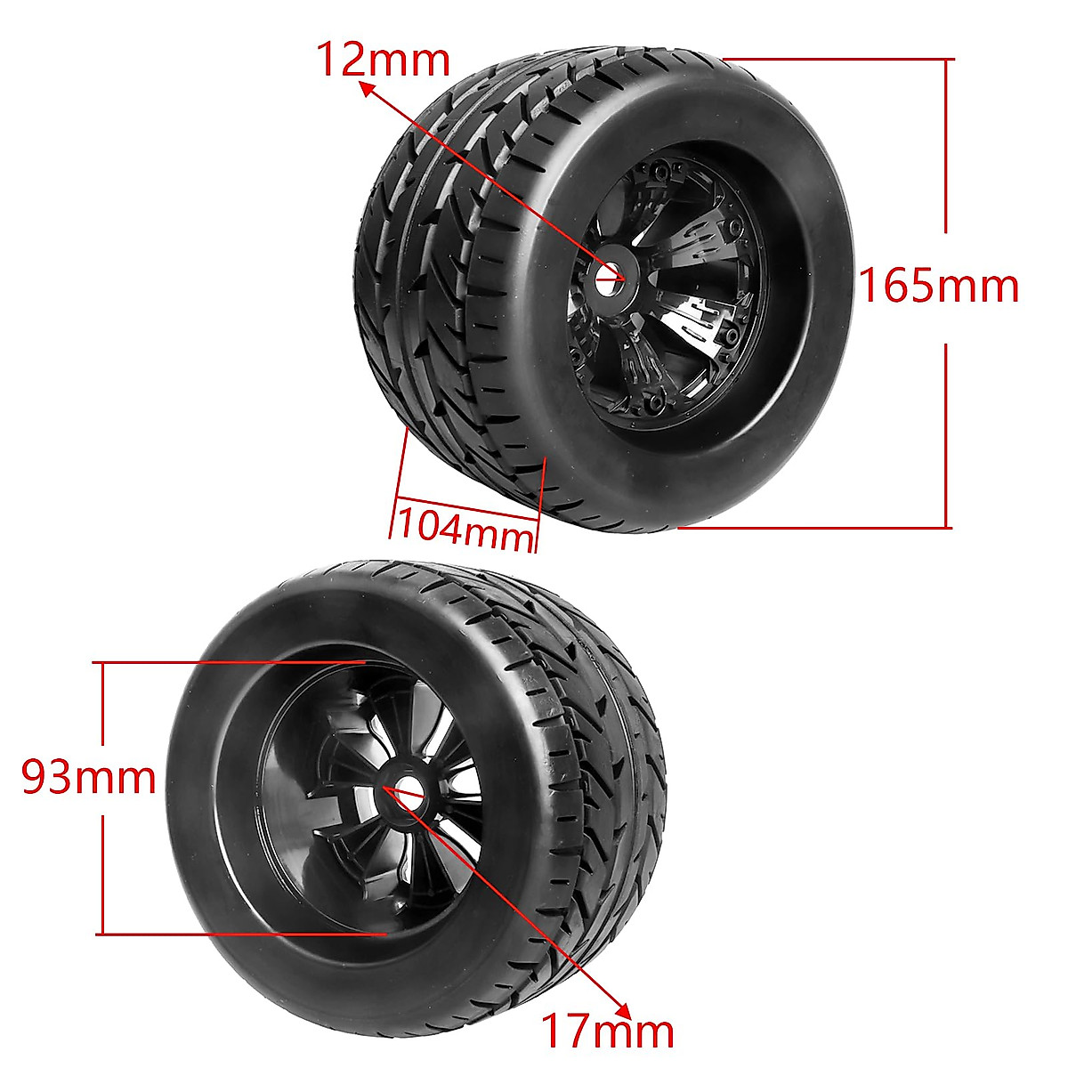 HobbyPark Pre-Glued 6.5" Tall 17mm Hex RC Street Tires and Wheels for Traxxas E-Revo 2.0 Sledge T-Maxx 3.3 Arrma Kraton 6s Notorious Redcat Kaiju Shredder 1/8 Monster Truck (Set of 4)