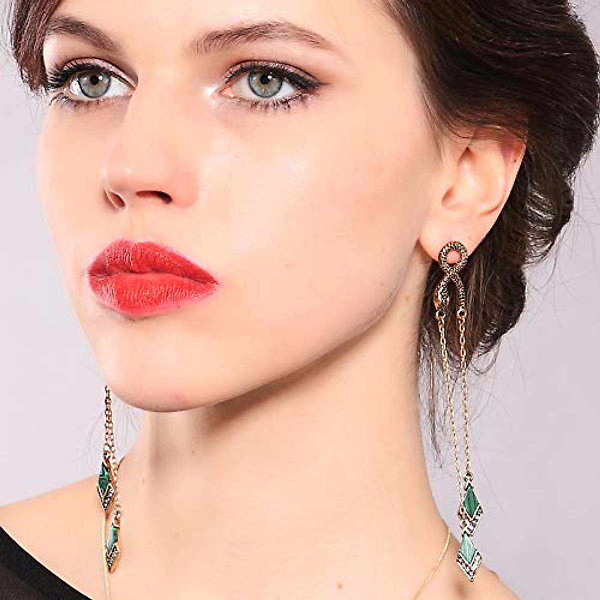 Vintage Green Rhinestone Long Drop Snake Earrings Studs