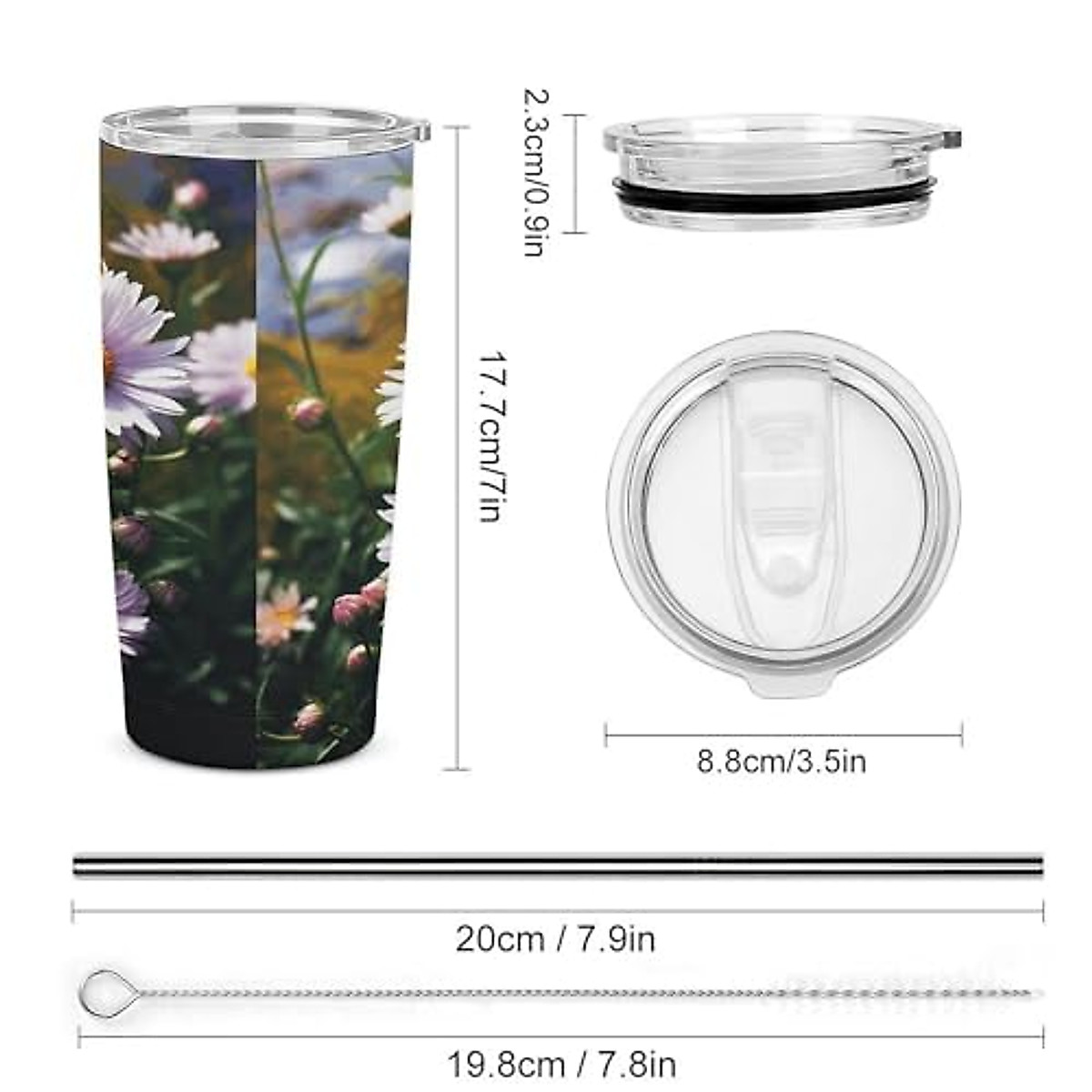 FHENMSA Stainless Steel Insulated Travel Coffee Mug,Daisy Plants Print Reusable Car Cup,Thermal Cup for Outdoor with Straw And Lid