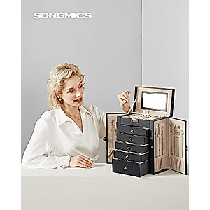 SONGMICS 6 Tier Jewelry Box, Jewelry Case with 5 Drawers, Large Storage Capacity, with Mirror, Lockable, Jewelry Storage Organizer, Gift for Loved Ones, For Watches, Black UJBC152B01
