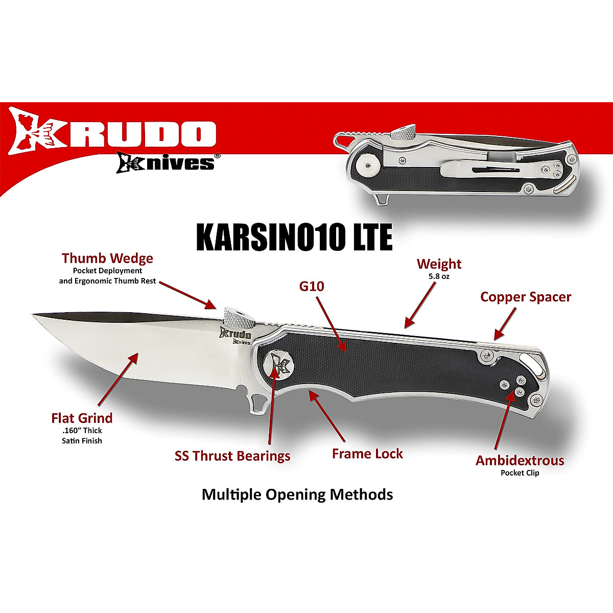 KRUDO Knives KARSINO10 LTE Folding EDC Knife with Drop Point Blade, G10 Inlays, SS Ball Bearing Washers, Louis Krudo’s Original Thumb Wedge for Pocket Deployment, Tactical Pocket Knife, Pocket Art.