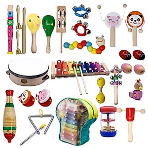 ATDAWN Kids Musical Instruments, 15 Types 22pcs Wood Percussion Xylophone Toys for Boys and Girls Preschool Education with Storage Backpack