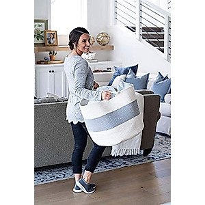 LITTLE HIPPO 3 Pcs Big Blanket Basket Living Room - (21"x16") Extra Large Rope Woven Baskets for Storage | 100% Natural Cotton Decorative Toy Basket with Handles | Boho Laundry Basket for Floor