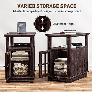 HIFYOBRO End Table with Charging Station, Side Table with Storage for Living Room and Bed Room, Power outlets & USB Ports, Adjustable Shelf