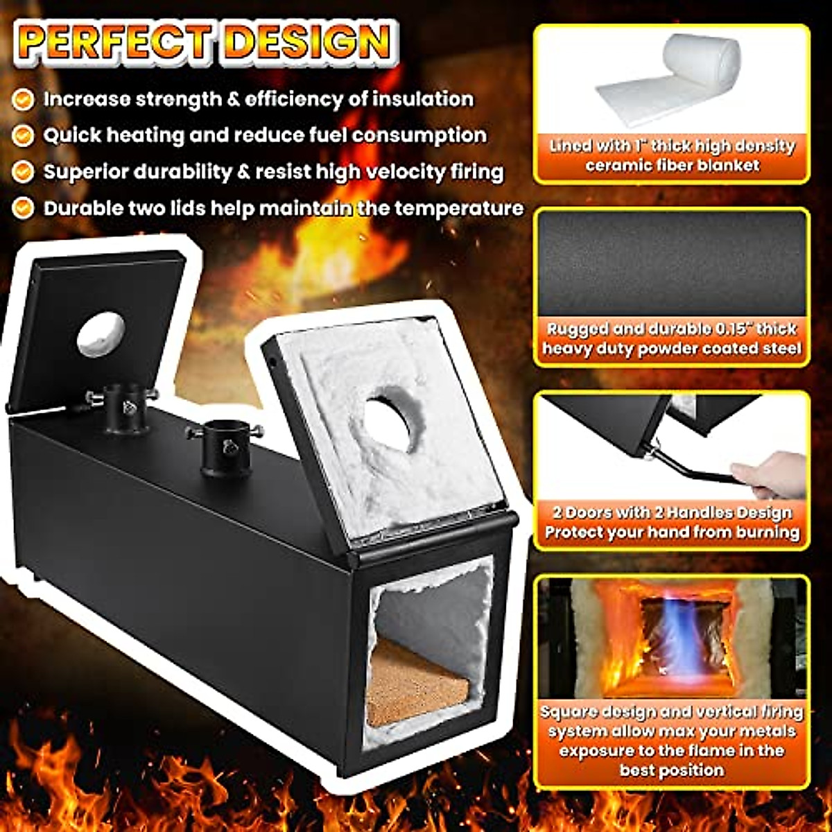 Triple Burners Portable Propane Gas Forge Three Burners 2600°F/1425℃ Large Capacity Square Forging Furnace for Blacksmithing Farrier Knife Tool Making Equipment with Tong & Gloves