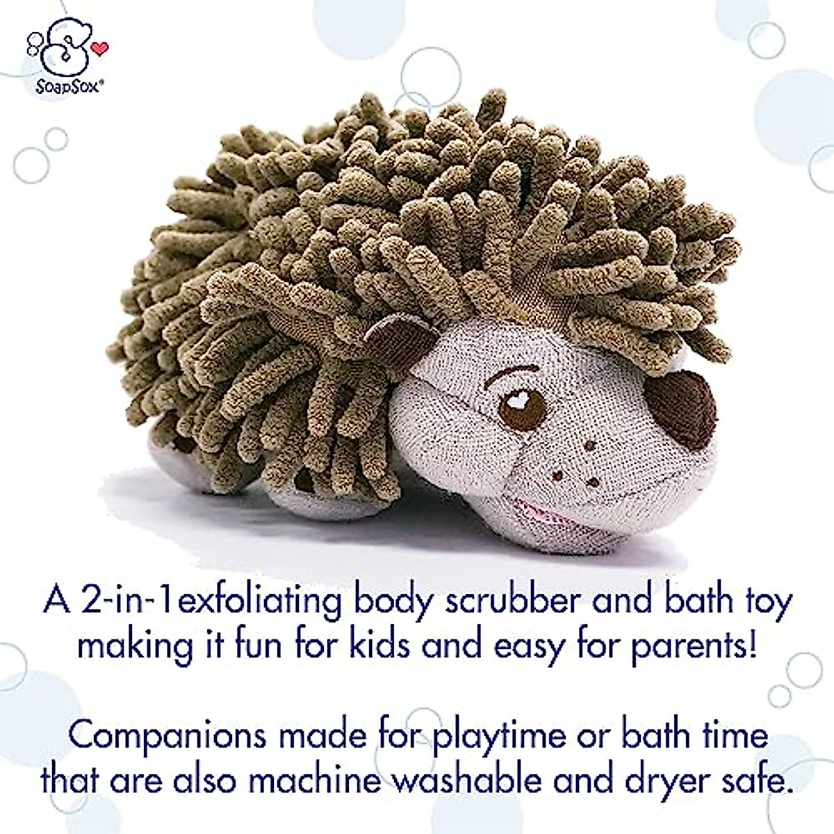 SoapSox Kids Exfoliating Bath Scrub (Hendrix The Hedgehog) - Soft Animal Toy Wash Cloth Sponge with Soap Pocket Insert - Fun Loofah Characters for Babies, Kids and Children