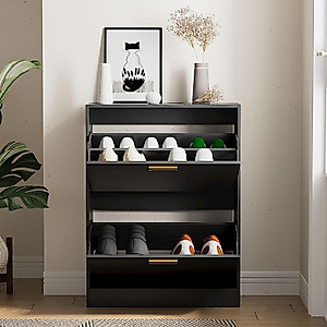 NOVAMAISON Shoe Cabinet for Entryway Slim, Black Narrow Hidden Shoe Storage Cabinet, 2 Flip Drawers Shoe Cabinet, Freestanding Shoe Organizer Cabinet for Hallway