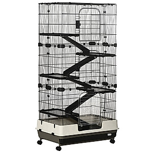 PawHut 59.5" Small Animal Cage with Wheels, 6-Level Portable Bunny Cage, Chinchilla Ferret Cage with Removable Tray, Platform and Ramp