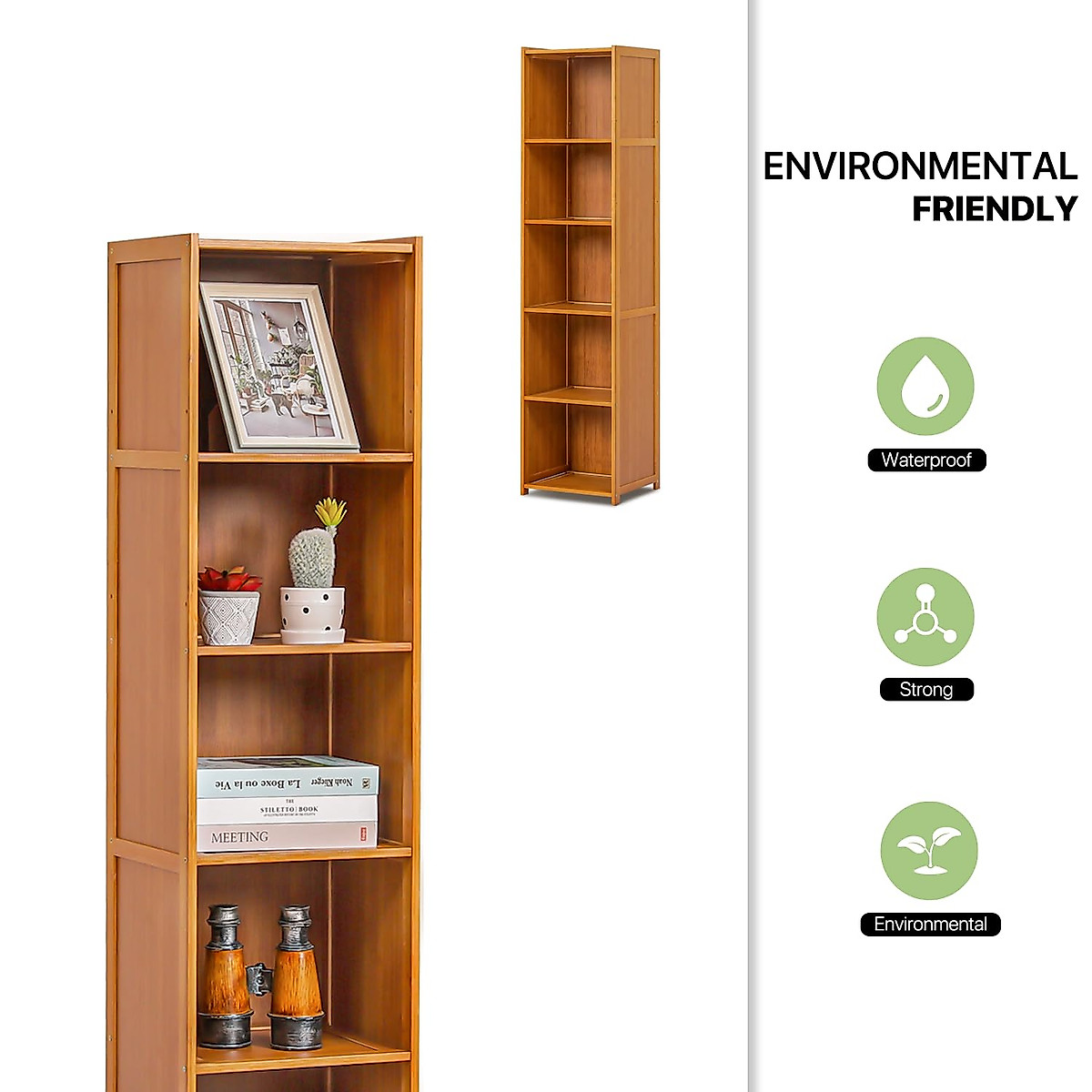 Magshion Bamboo 5-Tier Open Shelf Bookcase, 12" L x 12" W x 49.5" H Brown 5 Cube Organizer Floor Standing Display Storage Shelves Collection Decor Furniture for Home Office Classroom